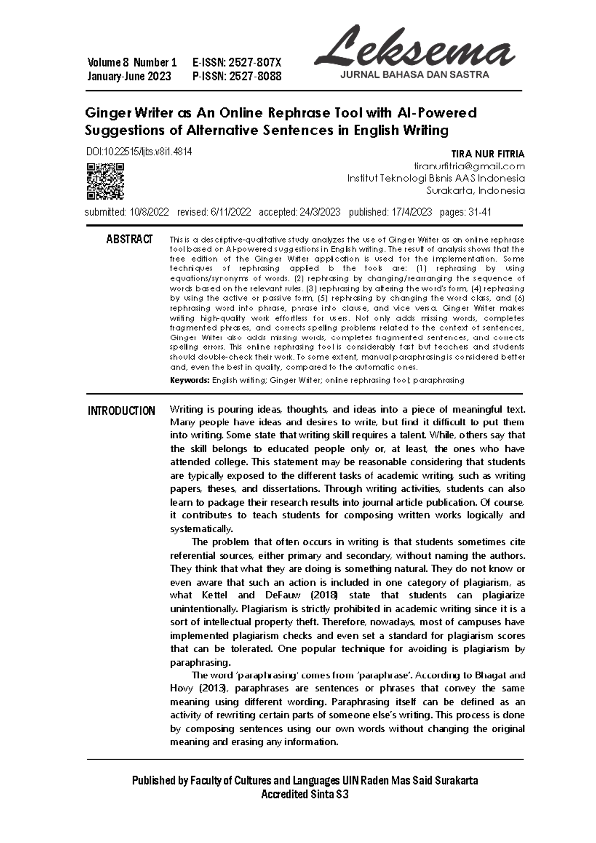 Ginger Writer as an Online Rephrase Tool: Insights and Techniques (TIRA ...