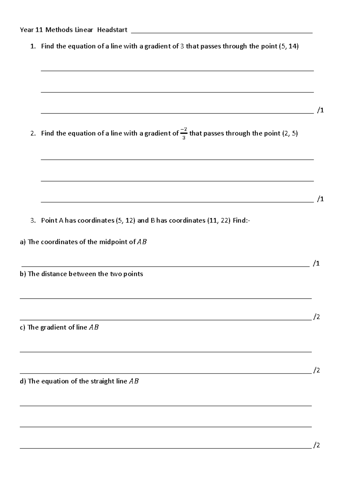 Year 11 Methods Linear Headstart 2024: Line Equations & Gradients - Studocu