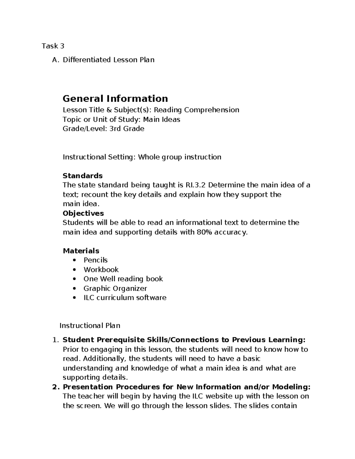 DI Task 3 - Differentiated Lesson Plan on Main Ideas for 3rd Grade ...