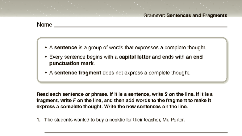 Grammar Workbook 1-10: Understanding Sentences and Fragments - Studocu
