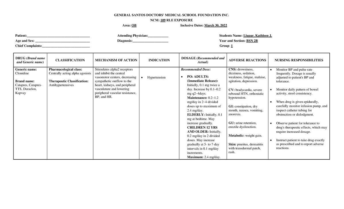 Clonidine (Catapres) - DRUG STUDY - GENERAL SANTOS DOCTORS' MEDICAL ...