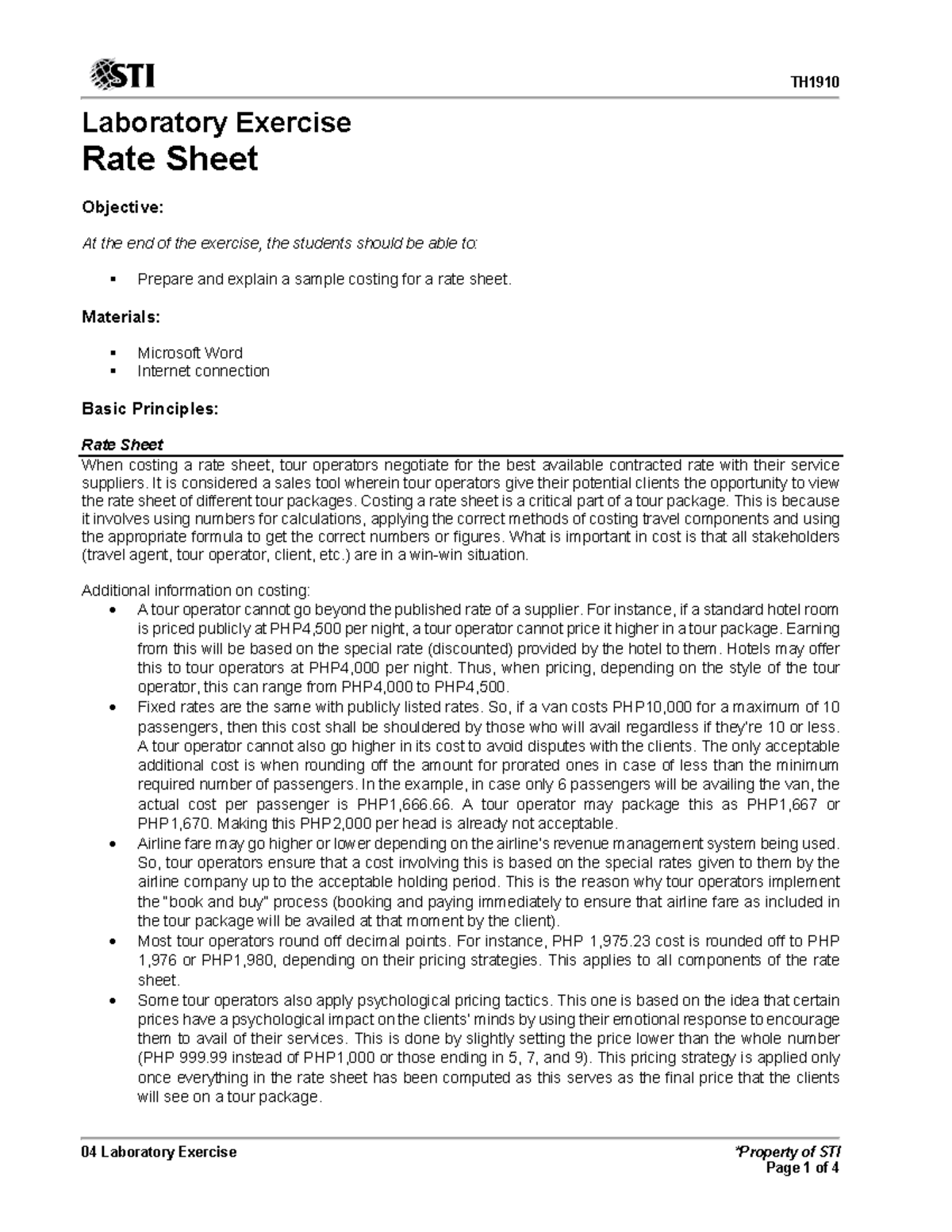 04 Laboratory Exercise 1: Costing a Rate Sheet Guide - Studocu