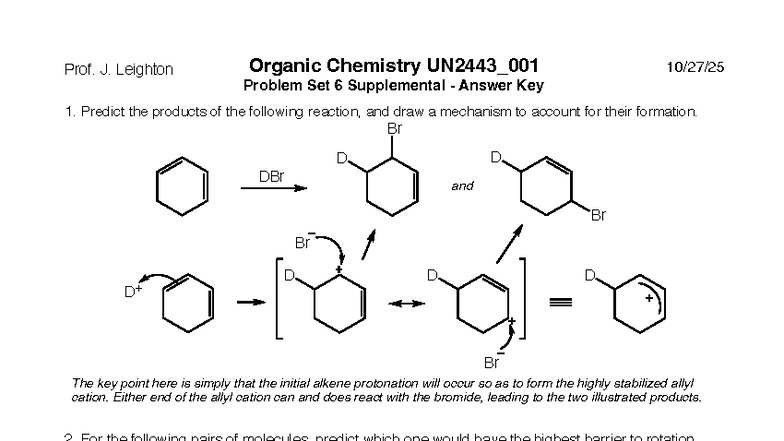 Organic Chemistry UN2443_001 Problem Set 6 Answer Key - Studocu