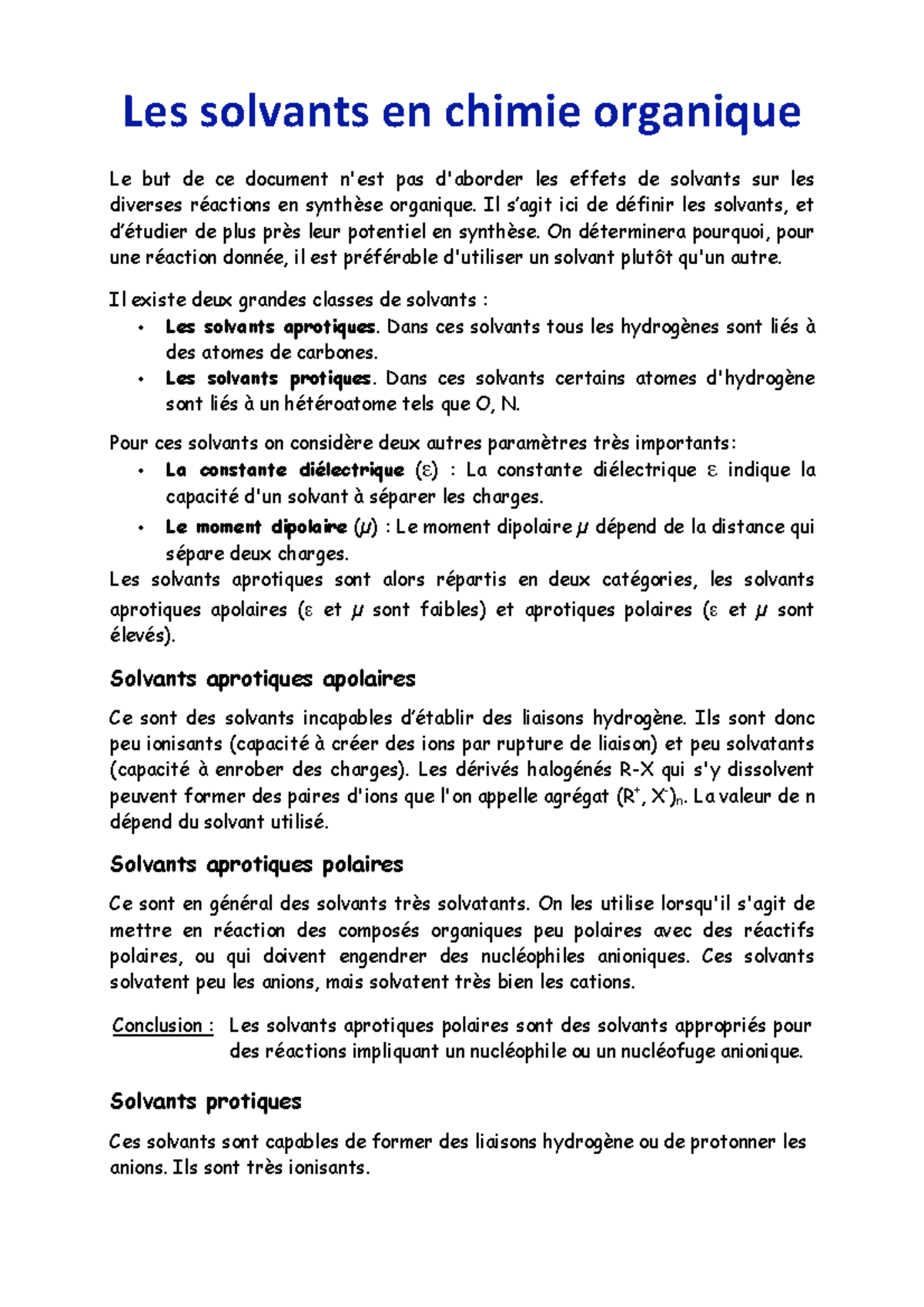 Solvants en Chimie Organiques: Classification et Caractéristiques - Studocu