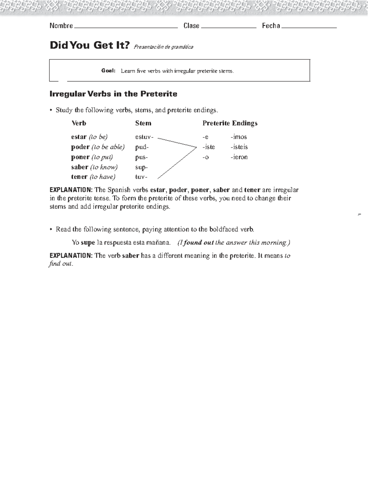 Unidad 3 Lección 2: Irregular Preterite Verbs Practice - Studocu