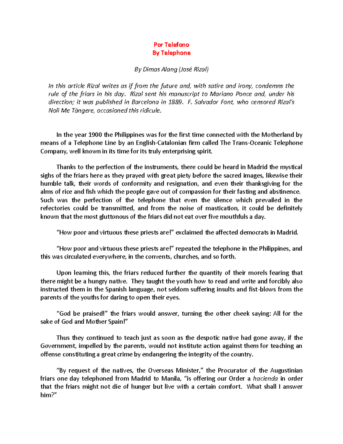 Por Telefono: An Analysis of Rizal's Satirical Commentary (Lit 101 ...