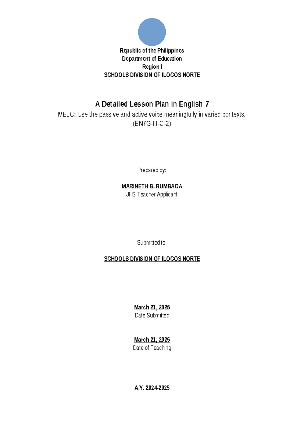 DLP-JHS- English 7: Active and Passive Voice Lesson Plan - Studocu