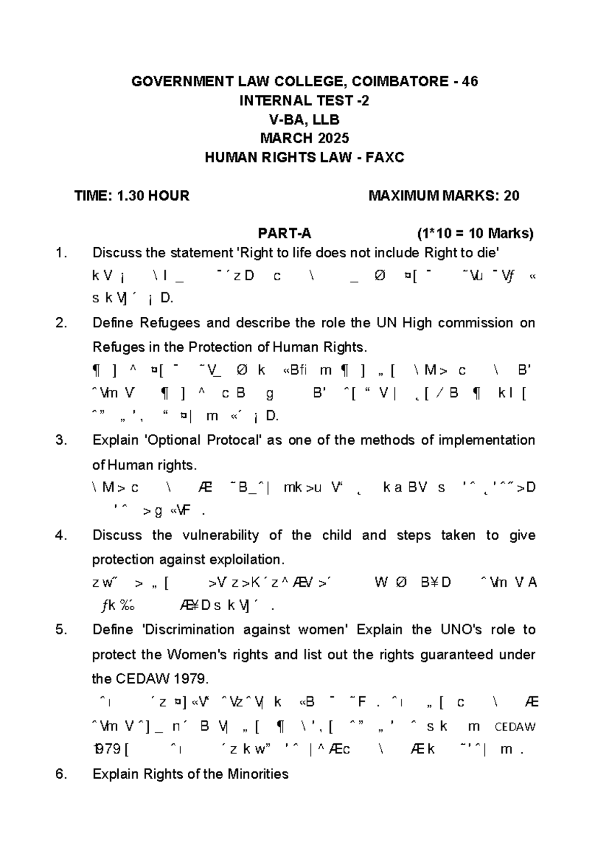GOVERNMENT LAW COLLEGE, COIMBATORE LLB INTERNAL TEST MARCH 2025: HUMAN ...