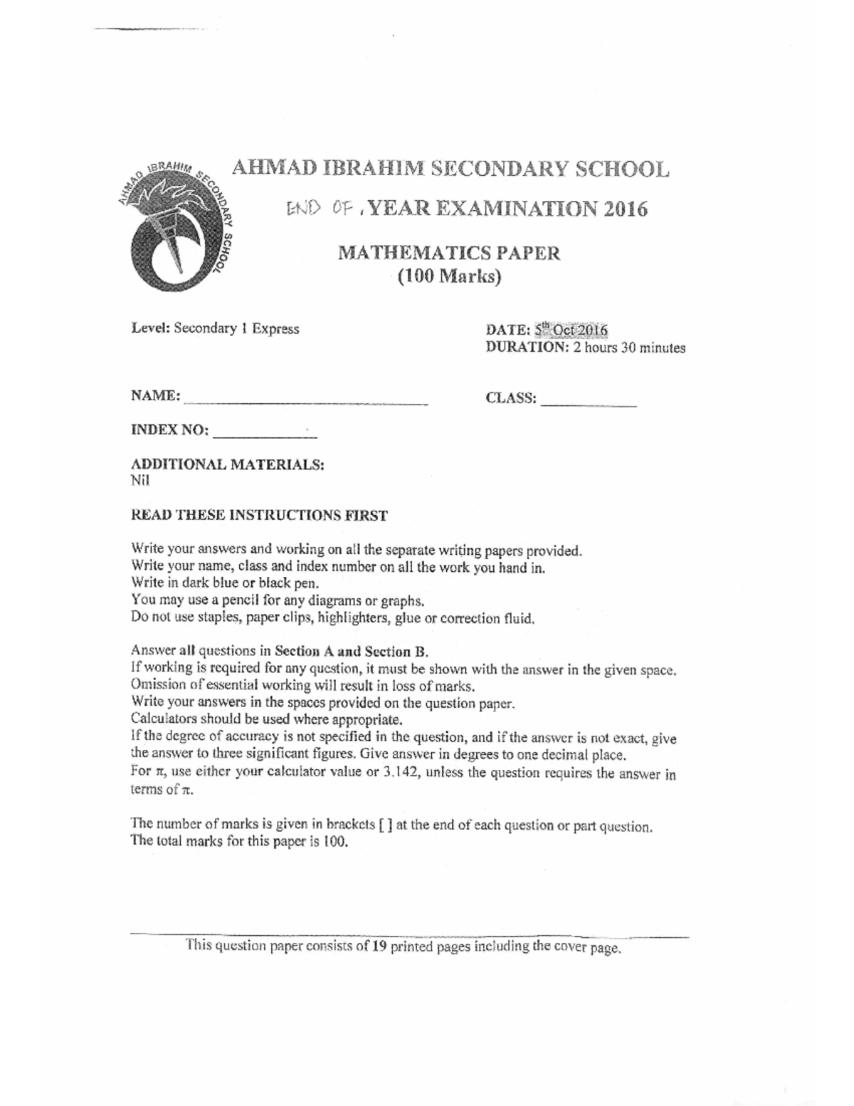S1 Math 2016 Final Exam Paper - Ahmad Ibrahim School - Studocu