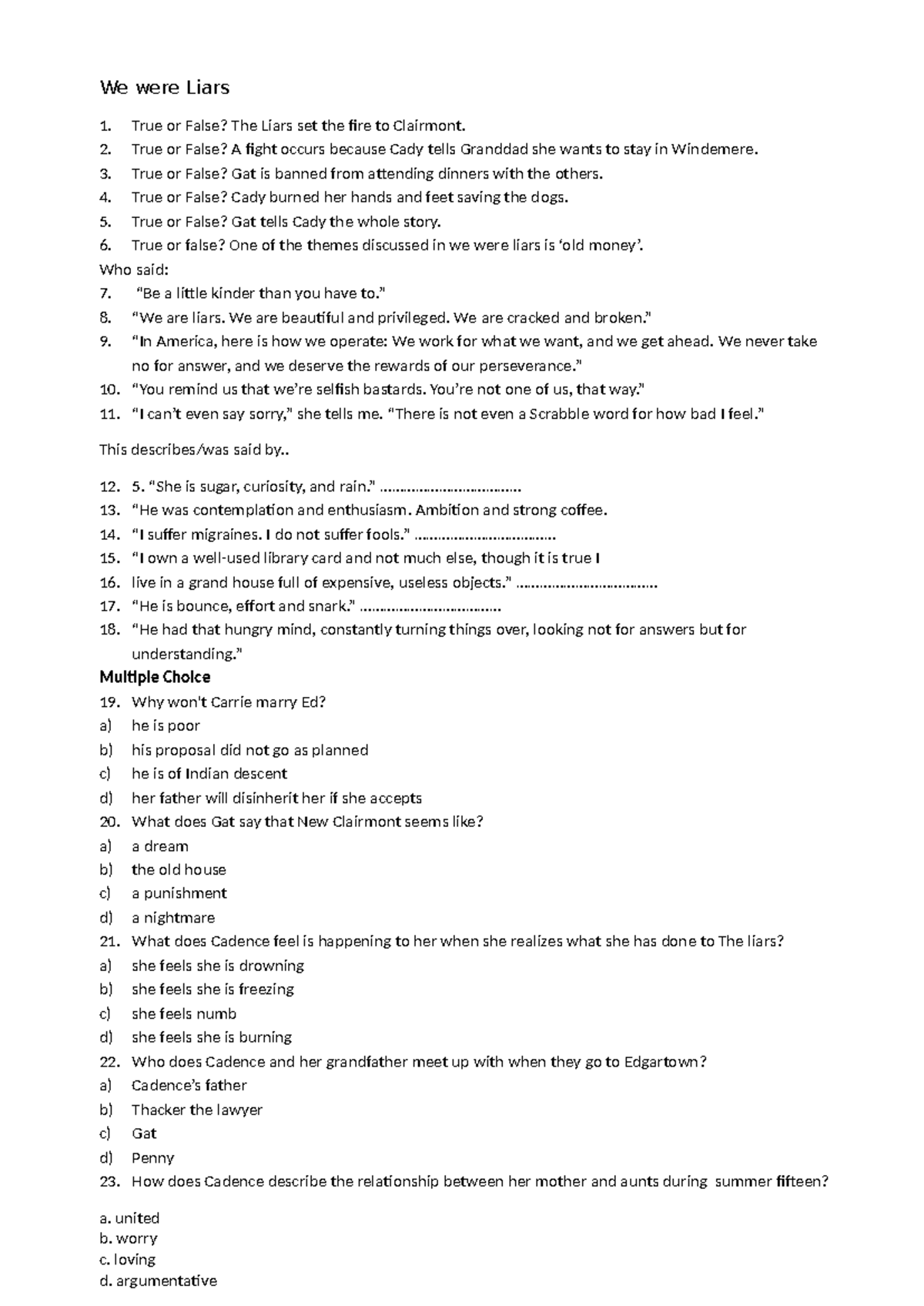 Oefentoets Mocktest: We Were Liars & Units 3-4 Vocab H4 Keys - Studeersnel