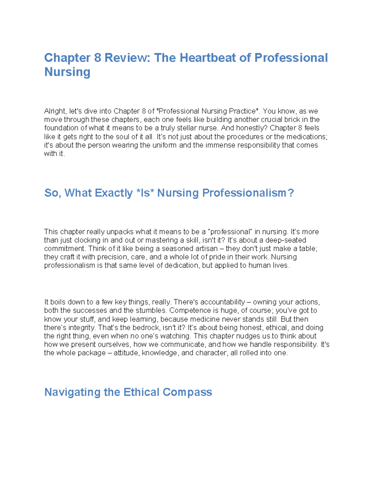 Chapter 8 Review: Nursing Professionalism & Ethics in Practice - Studocu