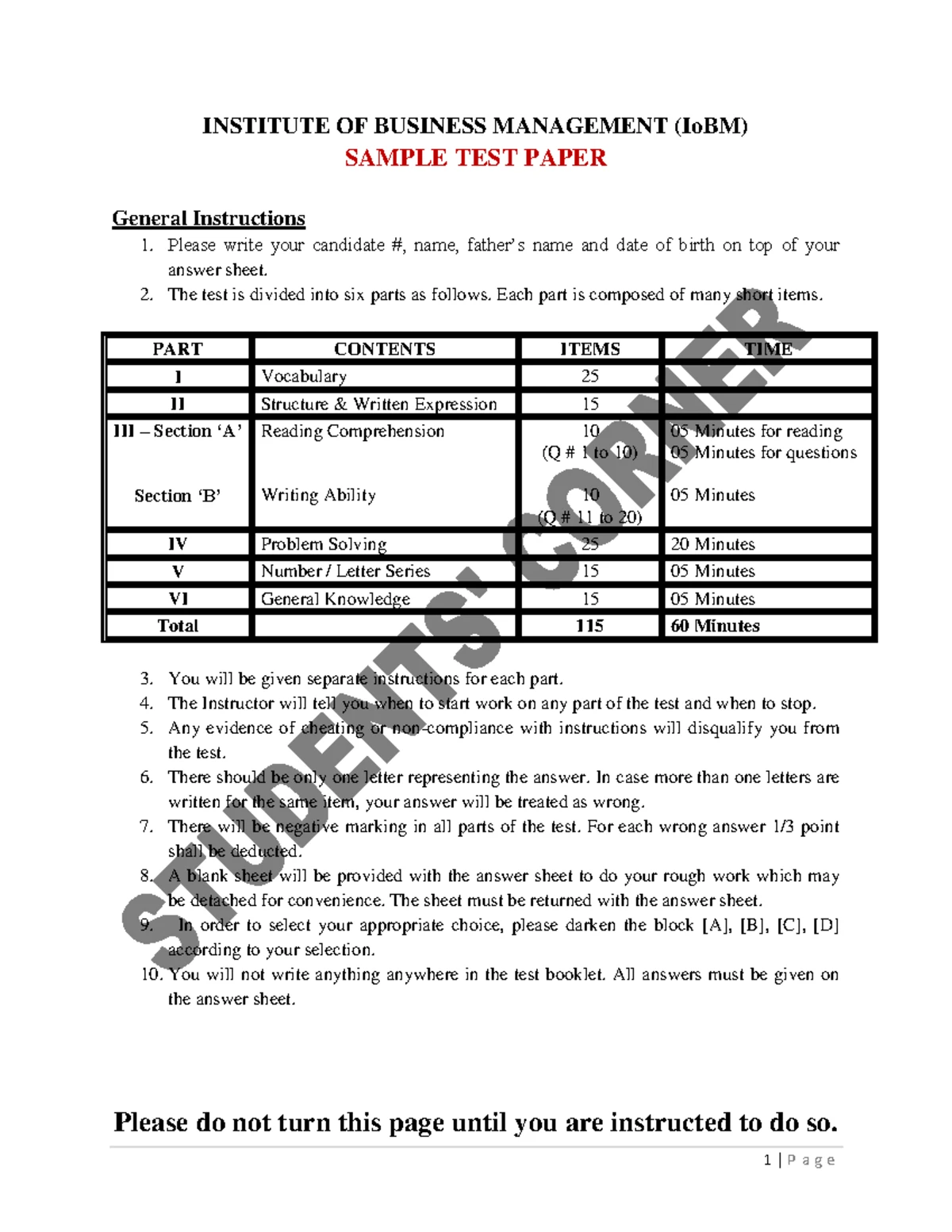IOBM Sample Test Paper: Past Papers for Bachelor’s & Master’s Programs ...