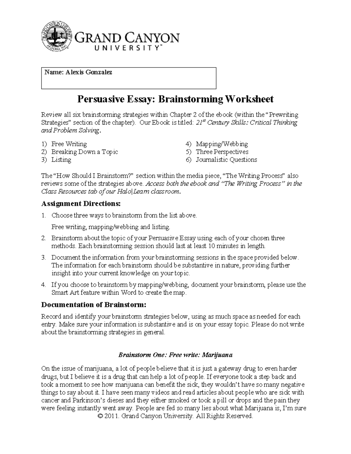 Brainstorming worksheet Finished - Name: Alexis Gonzalez Persuasive ...