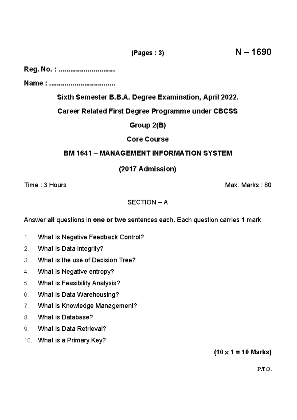 N1690 - BBA Management Information System Exam Questions - Studocu