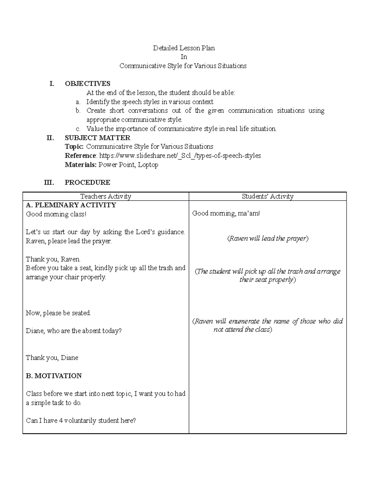Lesson Plan on Communicative Style for Various Situations (BSED-Eng ...