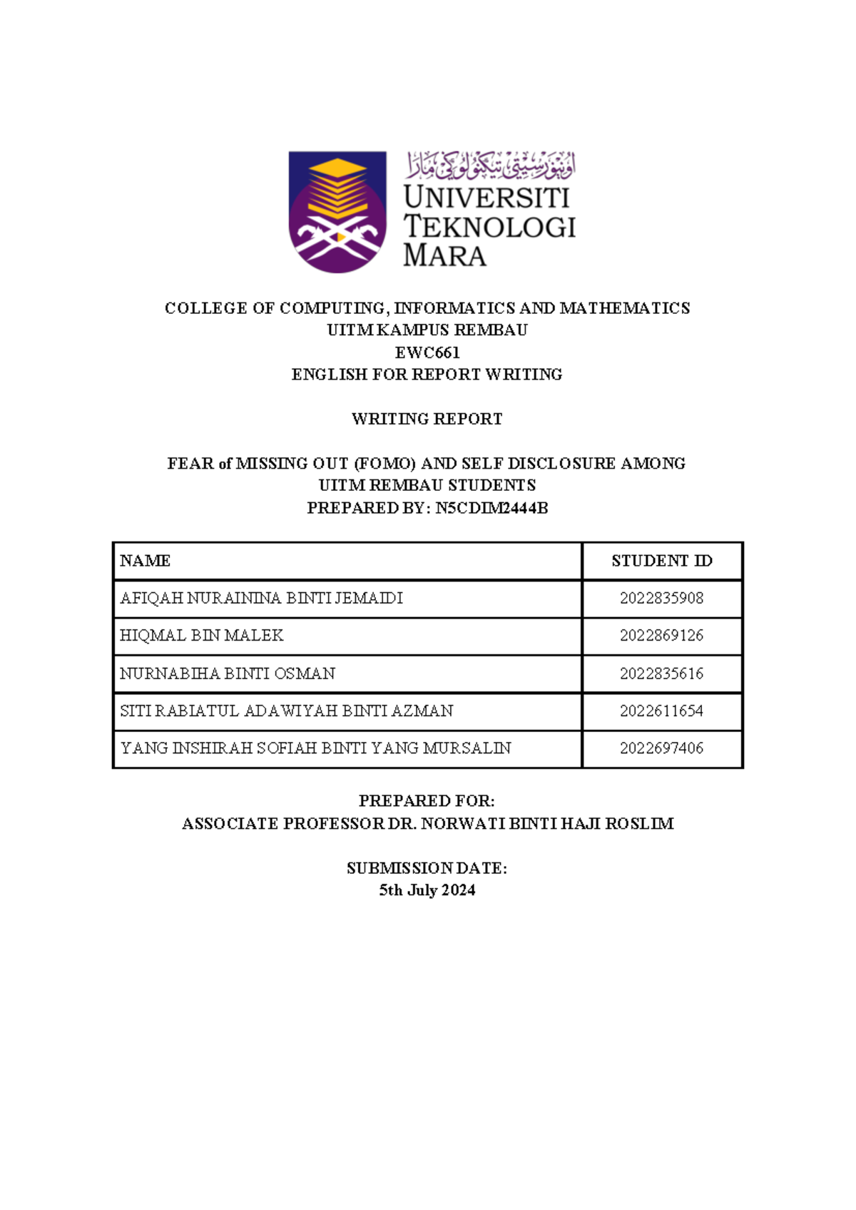 EWC661 Final Report on FOMO and Self-Disclosure Among UiTM Rembau ...