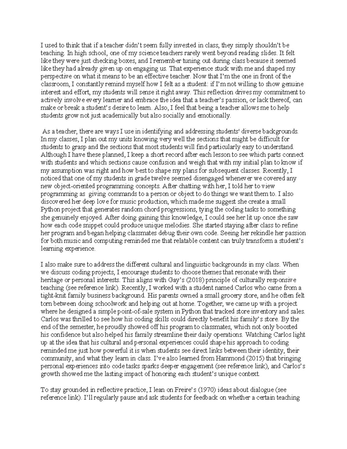 EDUC 5010-01 Reflection on Engaging Students Through Personal ...
