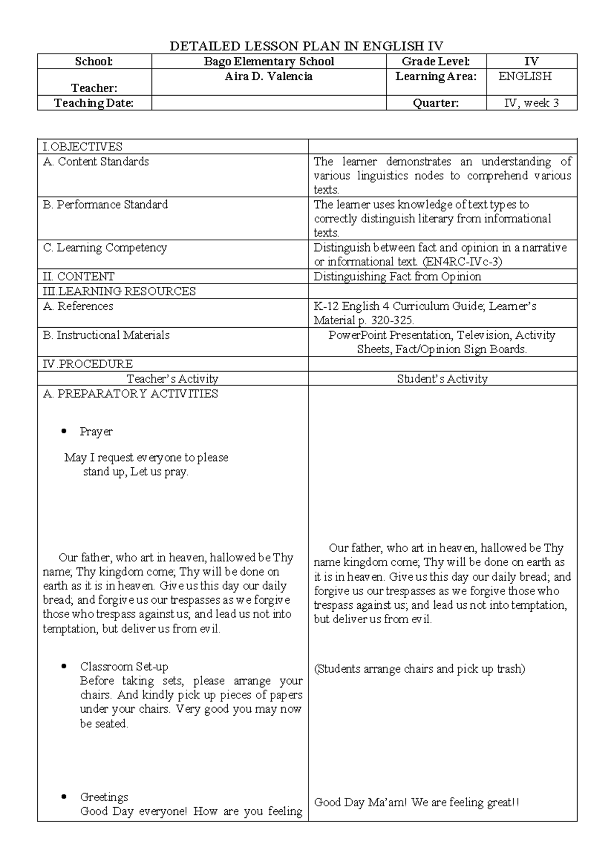 Detailed Lesson Plan in English IV - Fact vs. Opinion Activities - Studocu