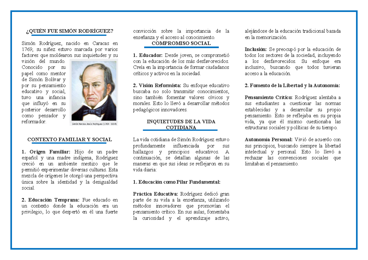 Tríptico sobre Simón Rodríguez: Educador y Reformador Social - Studocu