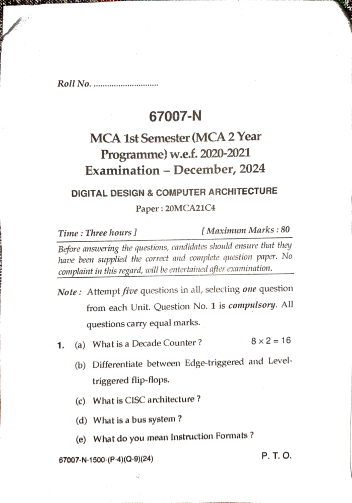 Digital Design & Computer Architecture - PYQ Practice Paper (MCA 1st ...
