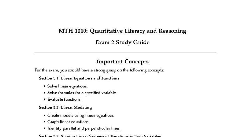 MTH 1010: Quantitative Literacy Exam 2 Study Guide - Key Concepts - Studocu