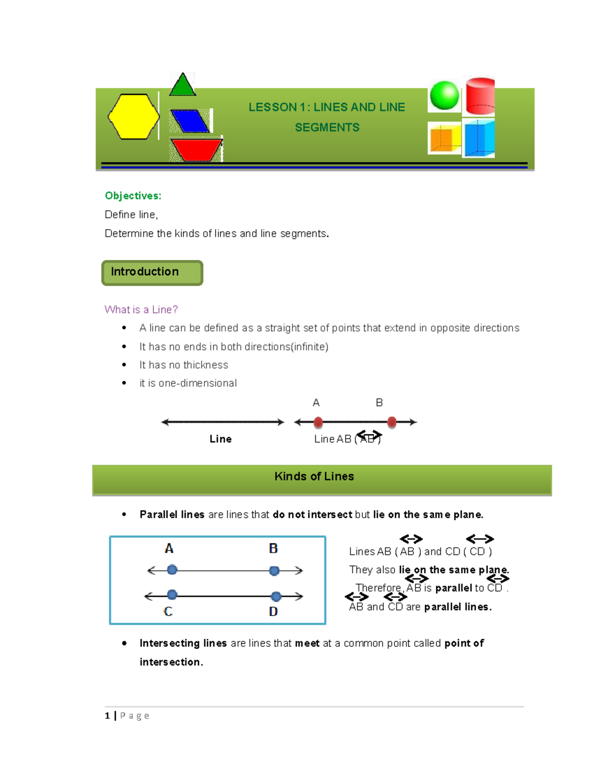 Lesson 1 - LESSON 1: LINES AND LINE SEGMENTS Objectives: Define line ...