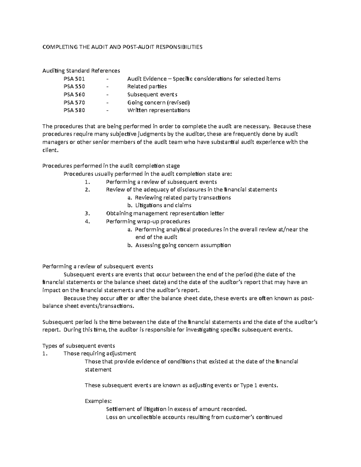 Audit Completion and Post-Audit Responsibilities Overview (ACCT 501 ...