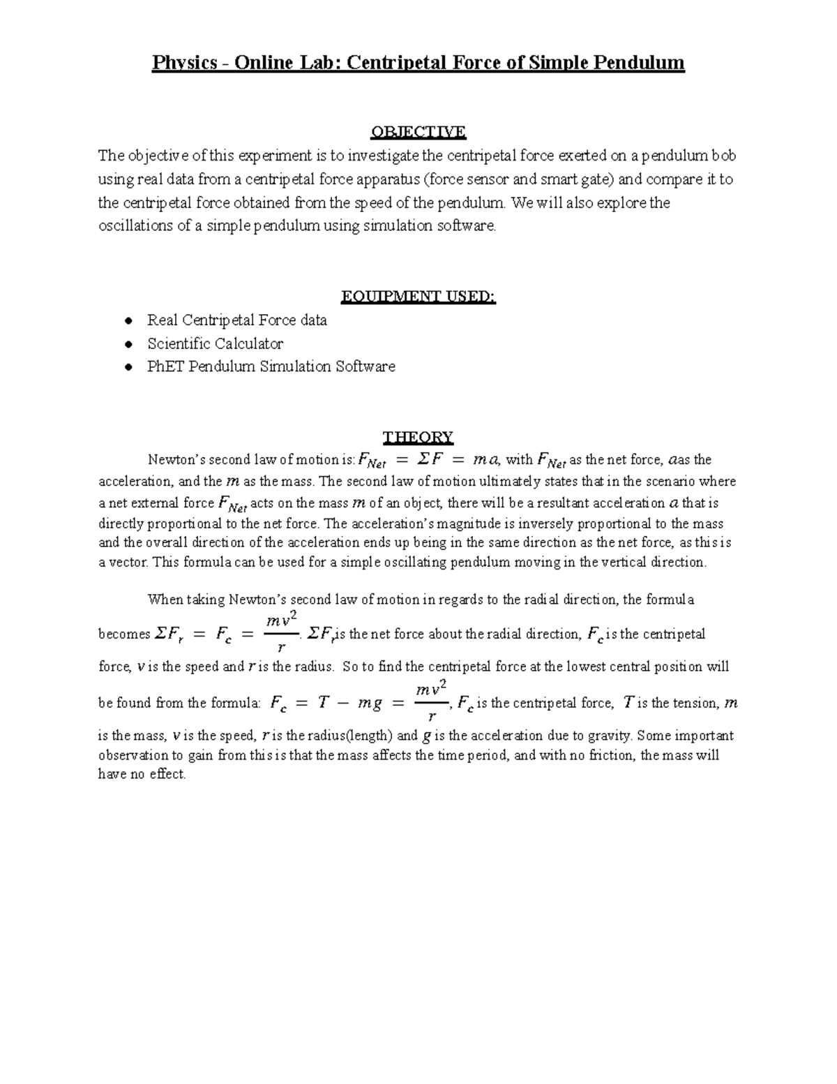 Lab #6 - Centripetal Force of Simple Pendulum - phys101 - OBJECTIVE The ...