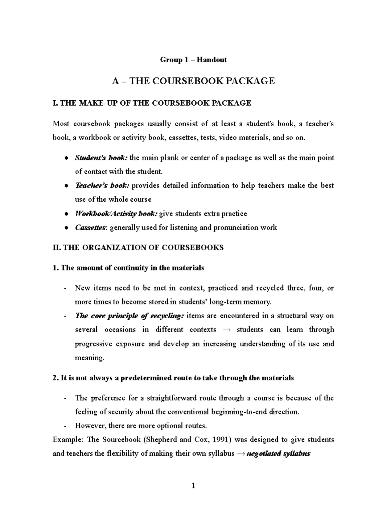 Group 1 - Handout - Group 1 – Handout A – THE COURSEBOOK PACKAGE I. THE ...