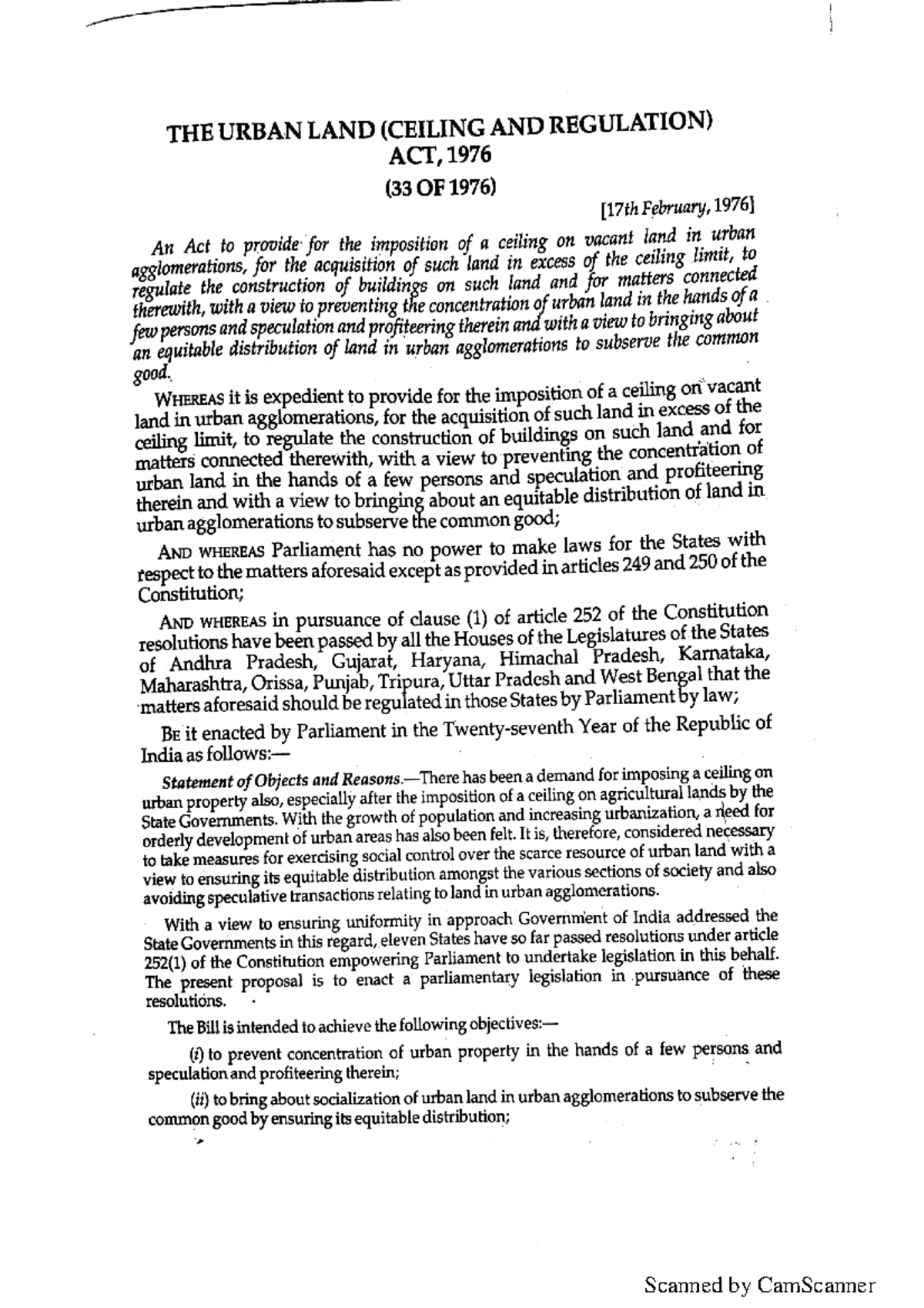 Extract of Urban Land (Ceiling and Regulation) Act, 1976 - THE URBANLA ...