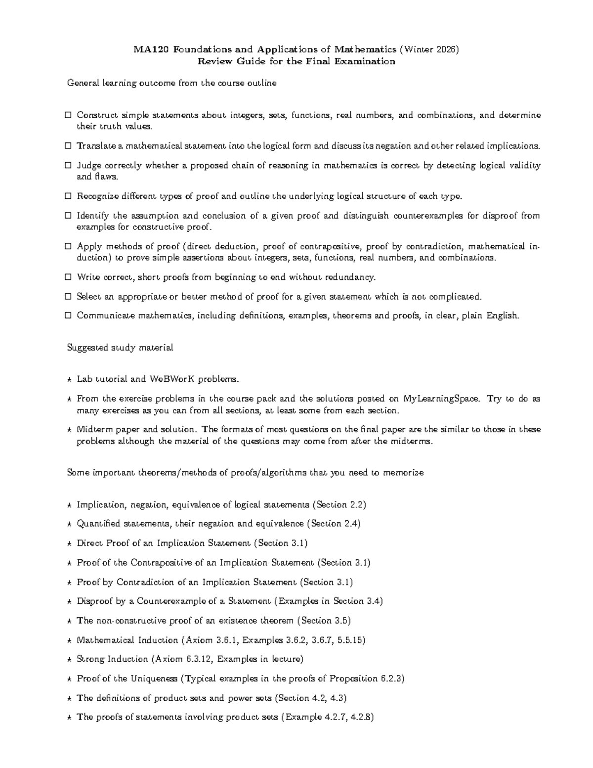 MA120 Foundations of Mathematics Final Exam Review Guide - Studocu