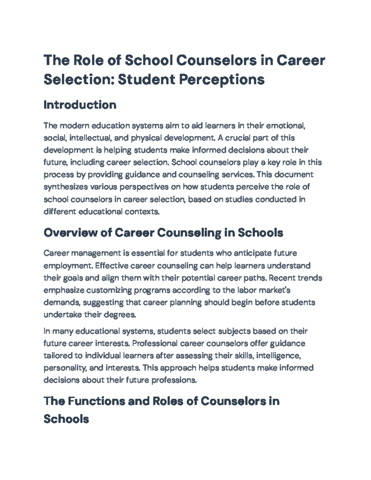 The Role of School Counselors in Career Selection: Student Insights ...