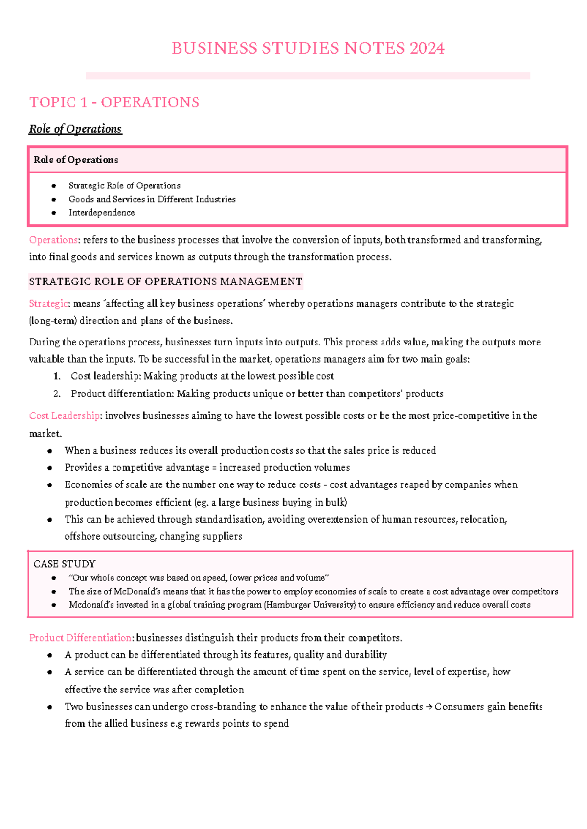 BUSINESS STUDIES NOTES 2024: OPERATIONS MANAGEMENT AND STRATEGIES - Studocu