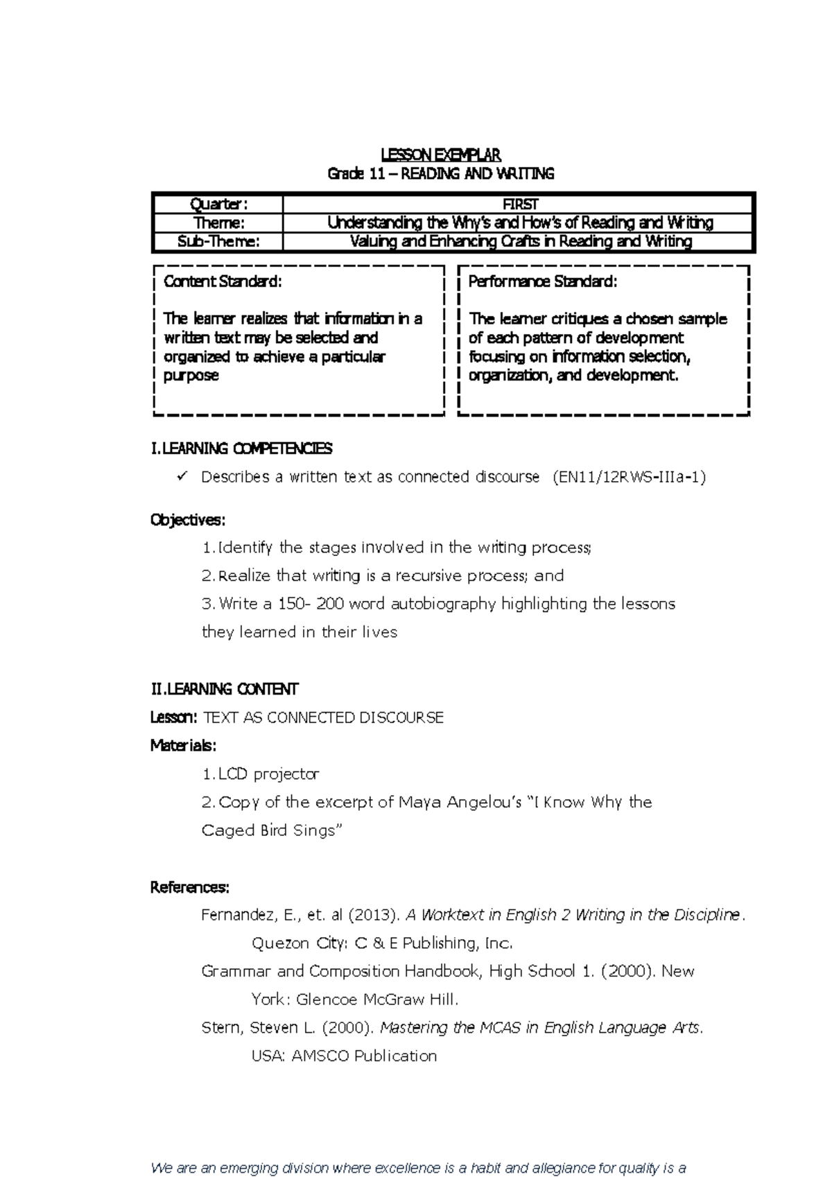 Lesson exemplar - Grade 11 reading and writing edited - We are an ...