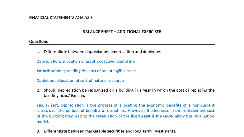 FSA 101: Balance Sheet Analysis - Additional Exercises & Solutions ...