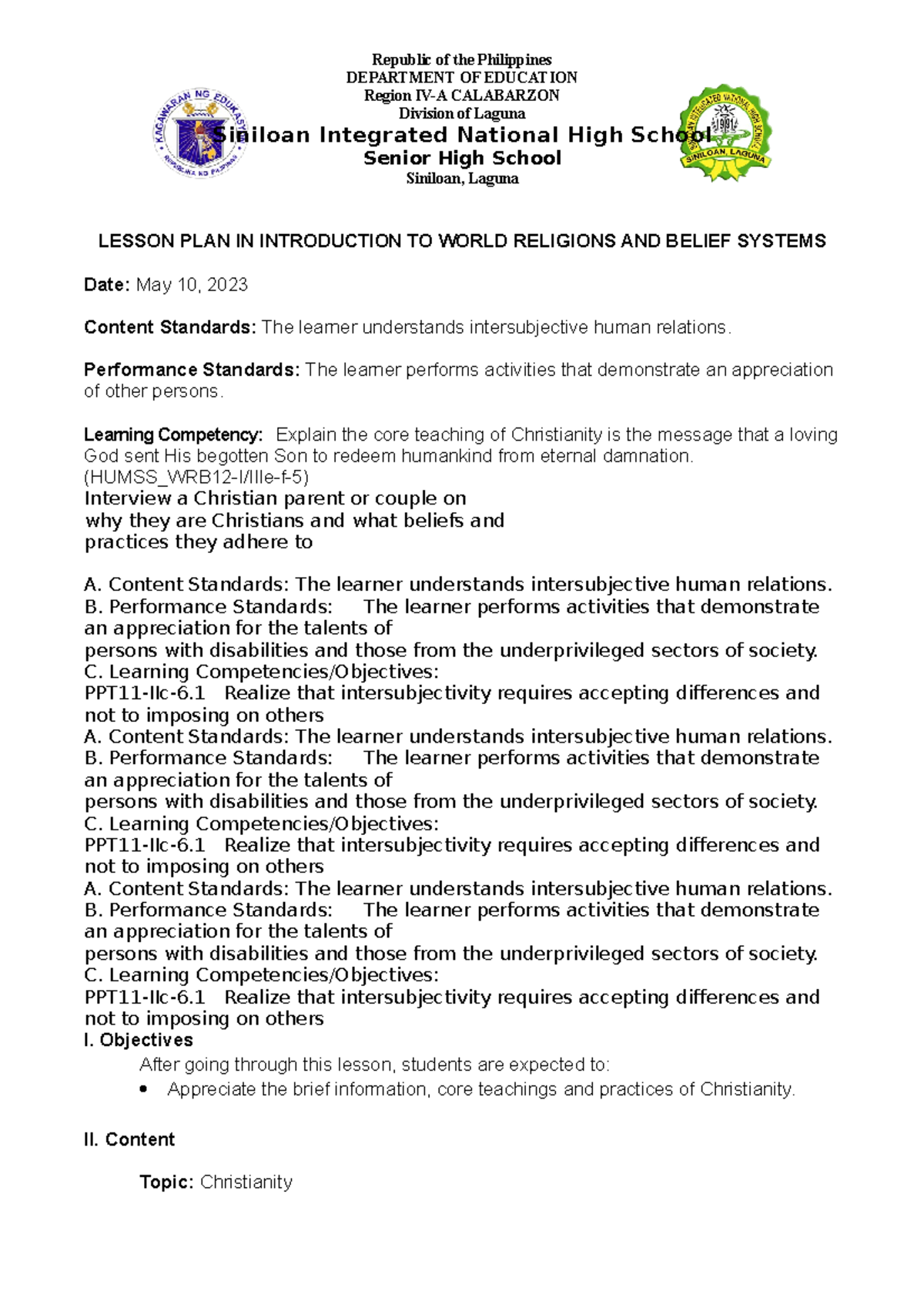 LP Iwrbs CO1 - Lesson Plan on Christianity and Its Core Teachings - Studocu