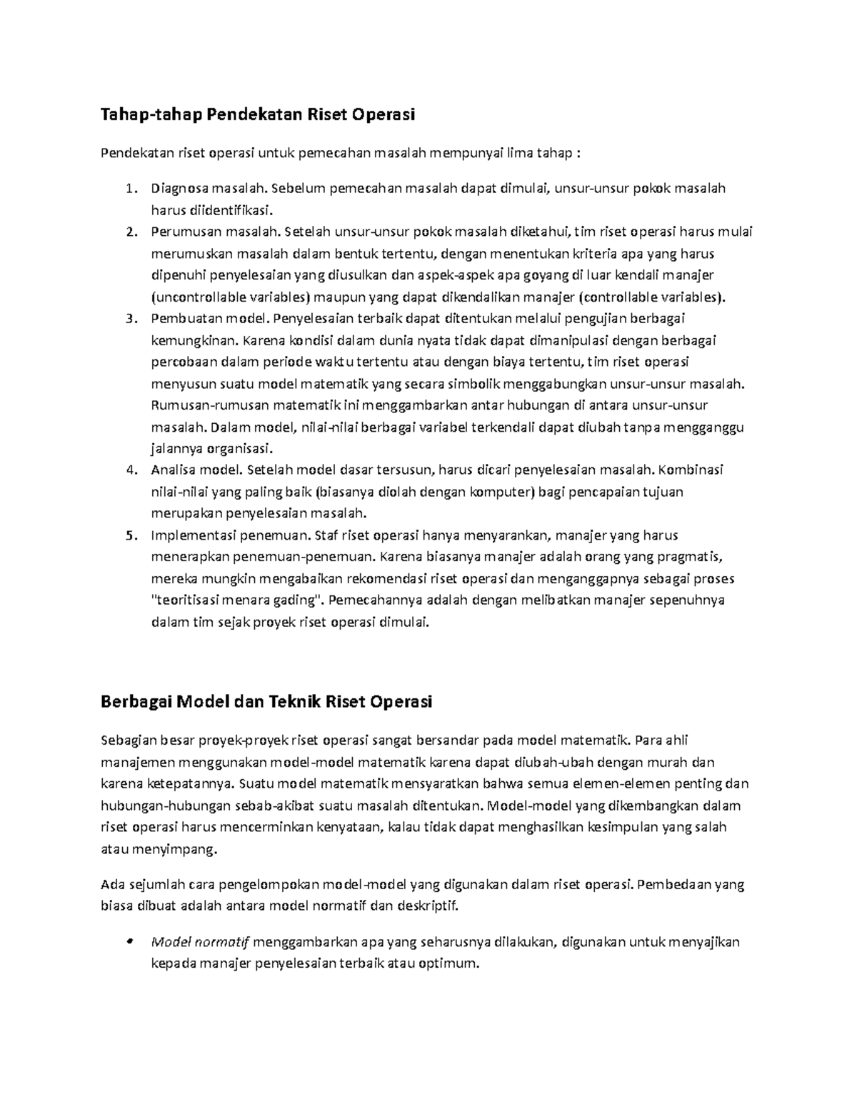 Tahap Pendekatan Riset Operasi dan Model Matematiknya - Studocu