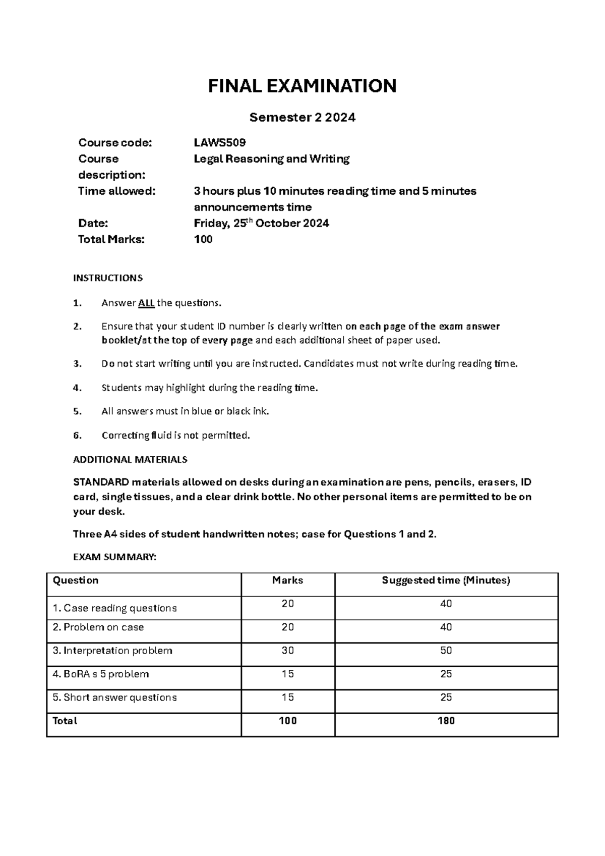 2024 Sem 2 Exam page - Front page of 2024 exam - FINAL EXAMINATION ...