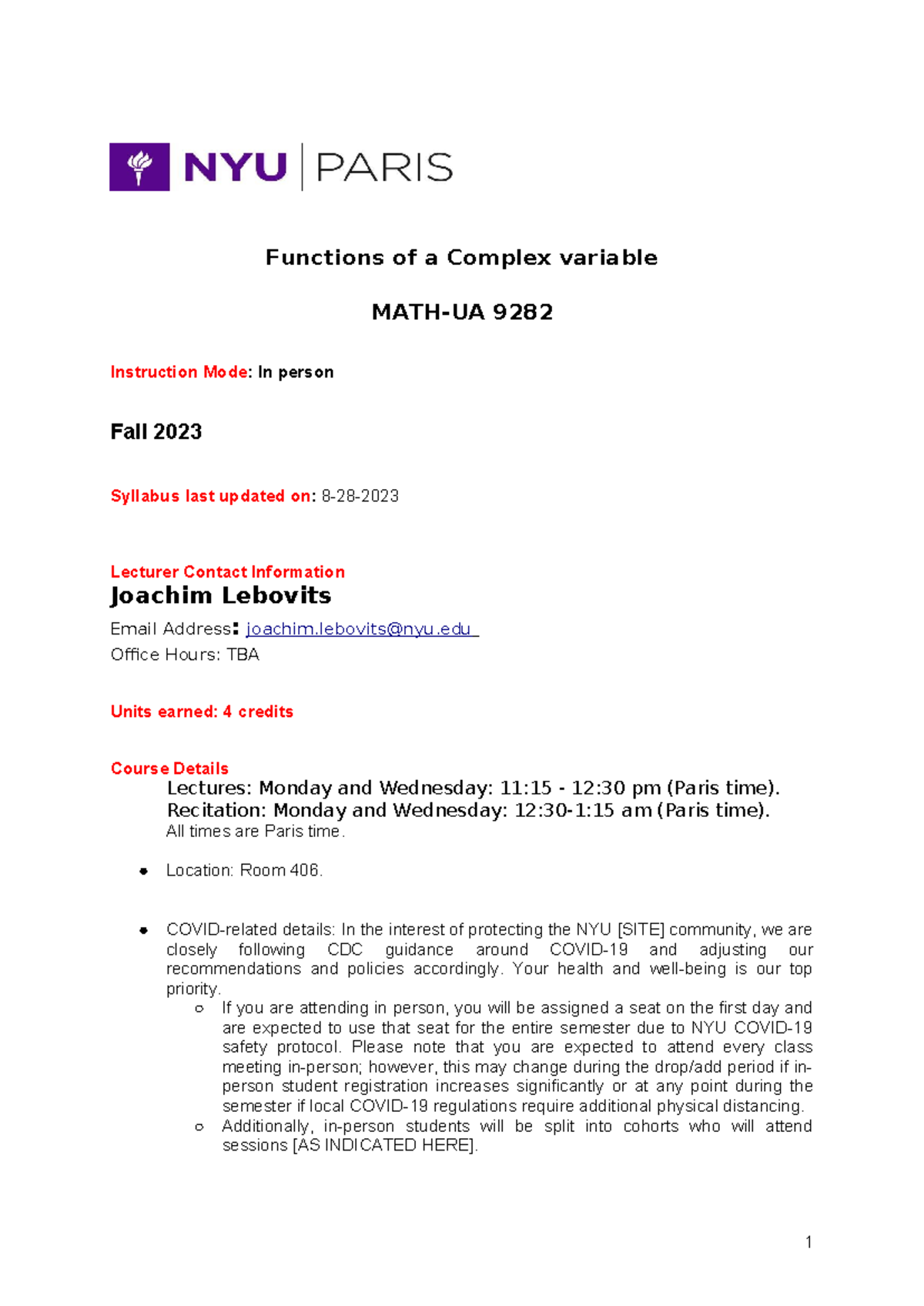 1-Syllabus Functions of a Complex variable Fall 2023 - Functions of a ...