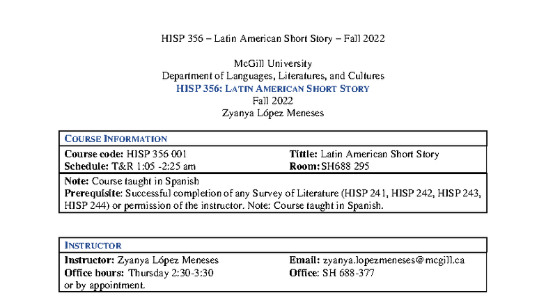 HISP 356 Latin American Short Story Course Overview Fall 2022 - Studocu
