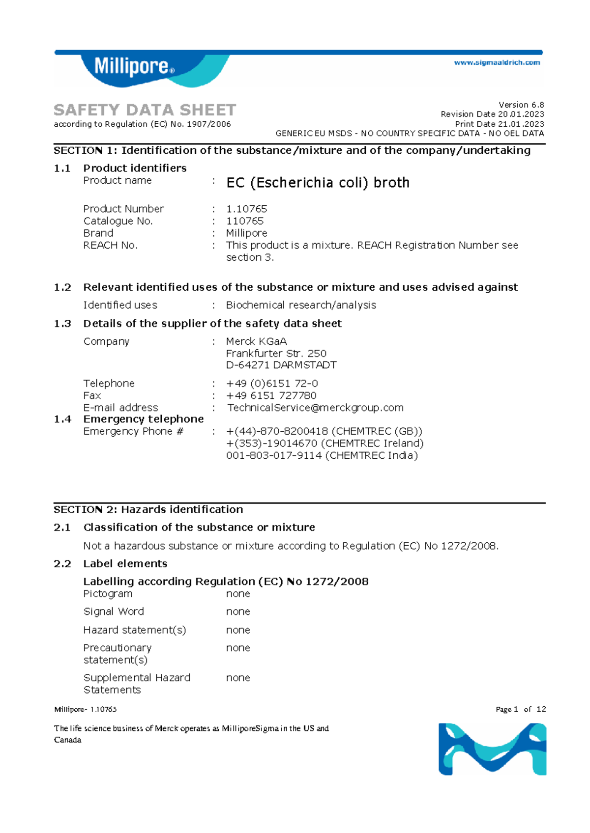 E.coli MSDS - Safety Data Sheet for Escherichia coli Broth 1.10765 ...