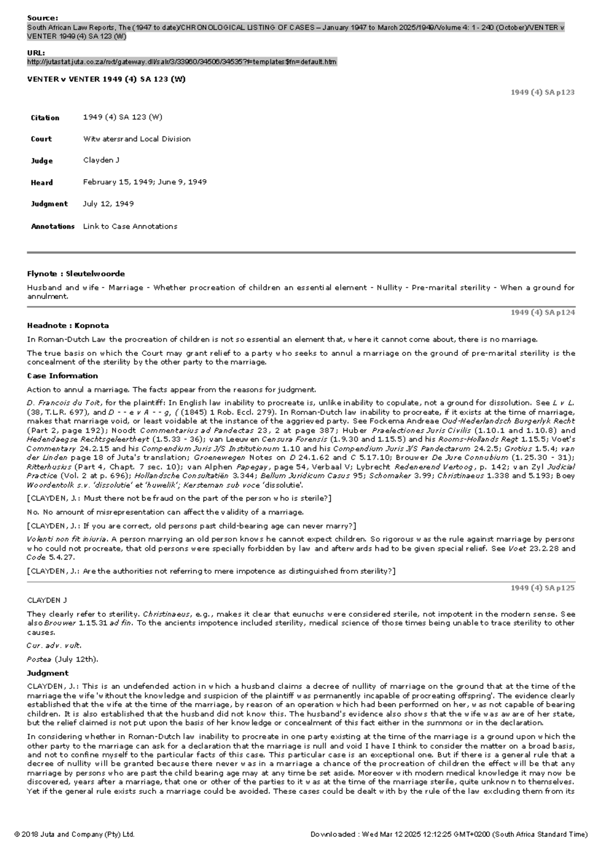 Case Analysis of VENTER v VENTER 1949 (4) SA 123 (W) on Marriage ...
