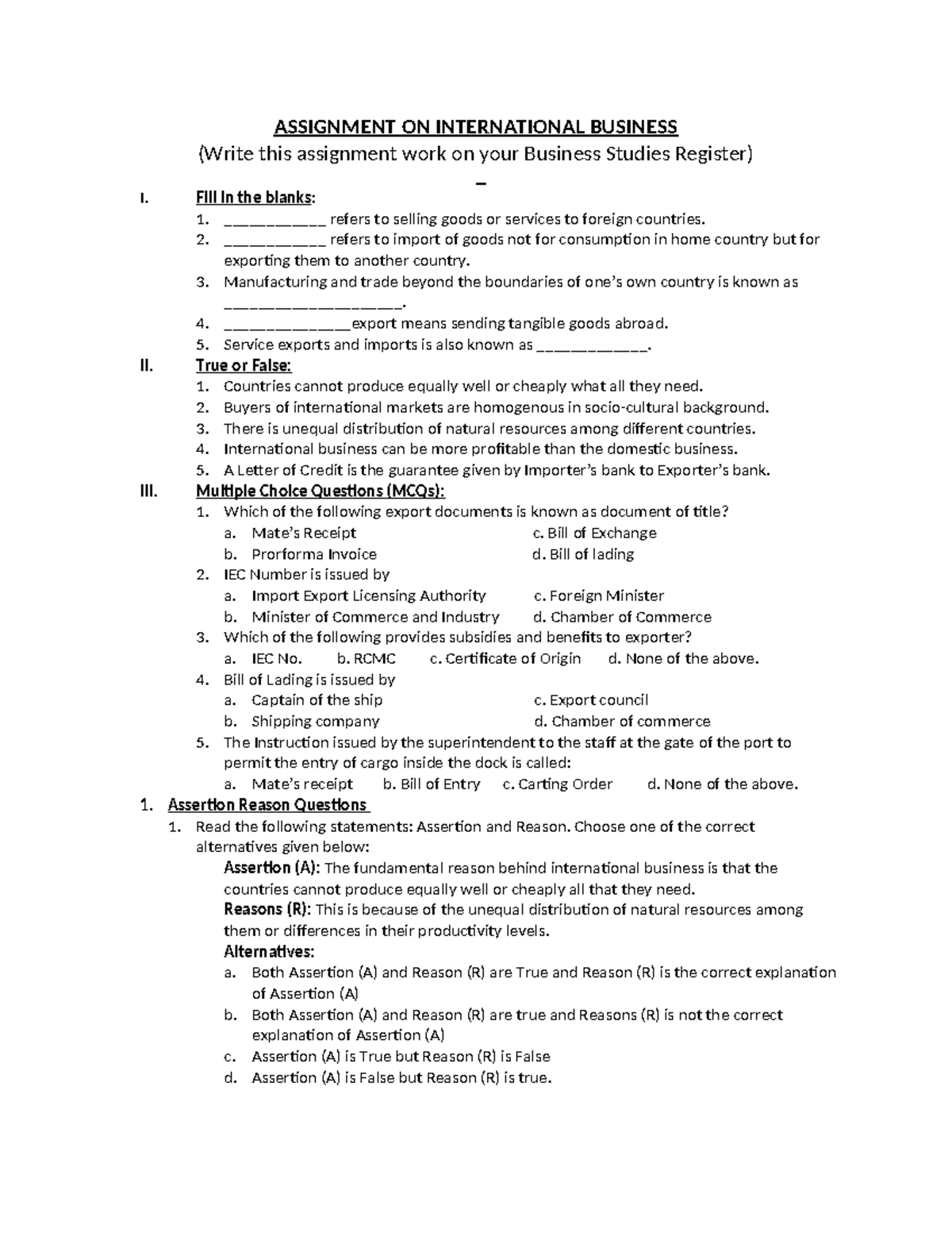 ASSIGNMENT ON INTERNATIONAL BUSINESS: Fill in the Blanks & MCQs - Studocu