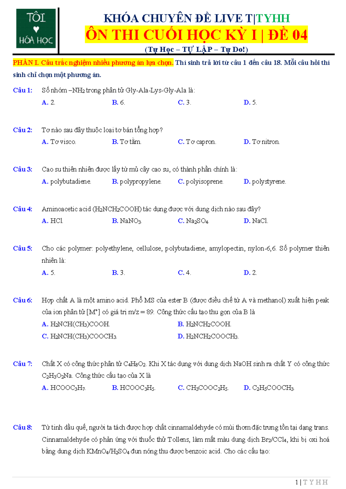 KHÓA CHUYÊN ĐỀ ÔN THI CUỐI HỌC KỲ I ĐỀ 04 (Tự Học TỰ LẬP) - Studocu