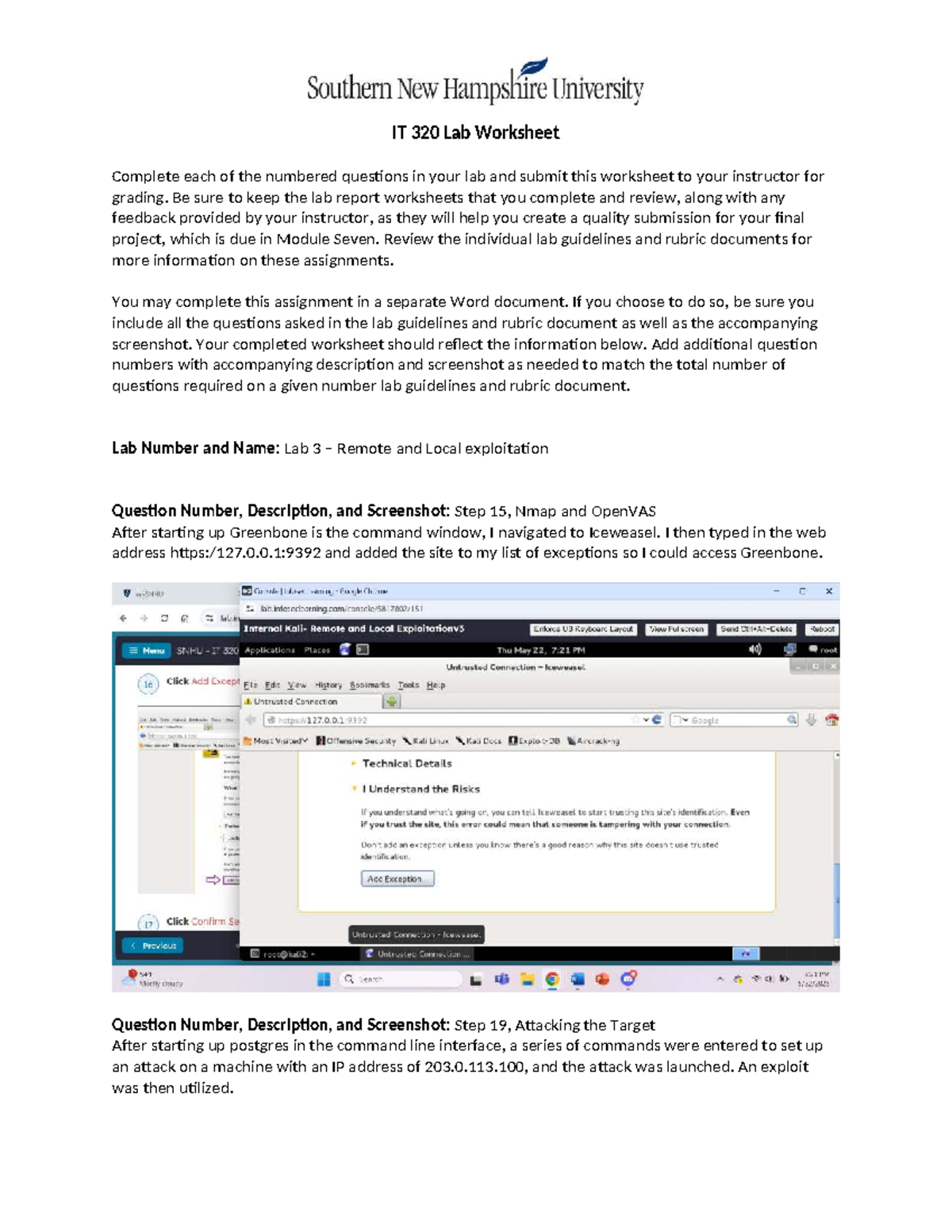 IT 320 Lab 3 Worksheet: Remote & Local Exploitation Guide - Studocu