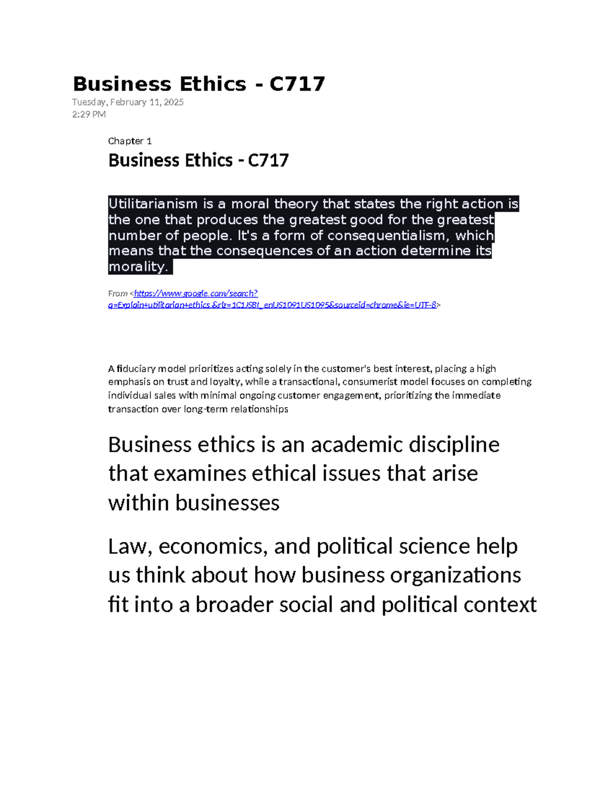 Business Ethics - C717 - Business Ethics - C Tuesday, February 11, 2025 ...