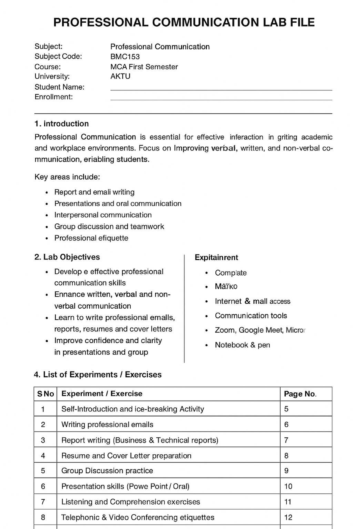 Professional Communication Lab File - BMC153 - MCA 1st Sem - Studocu
