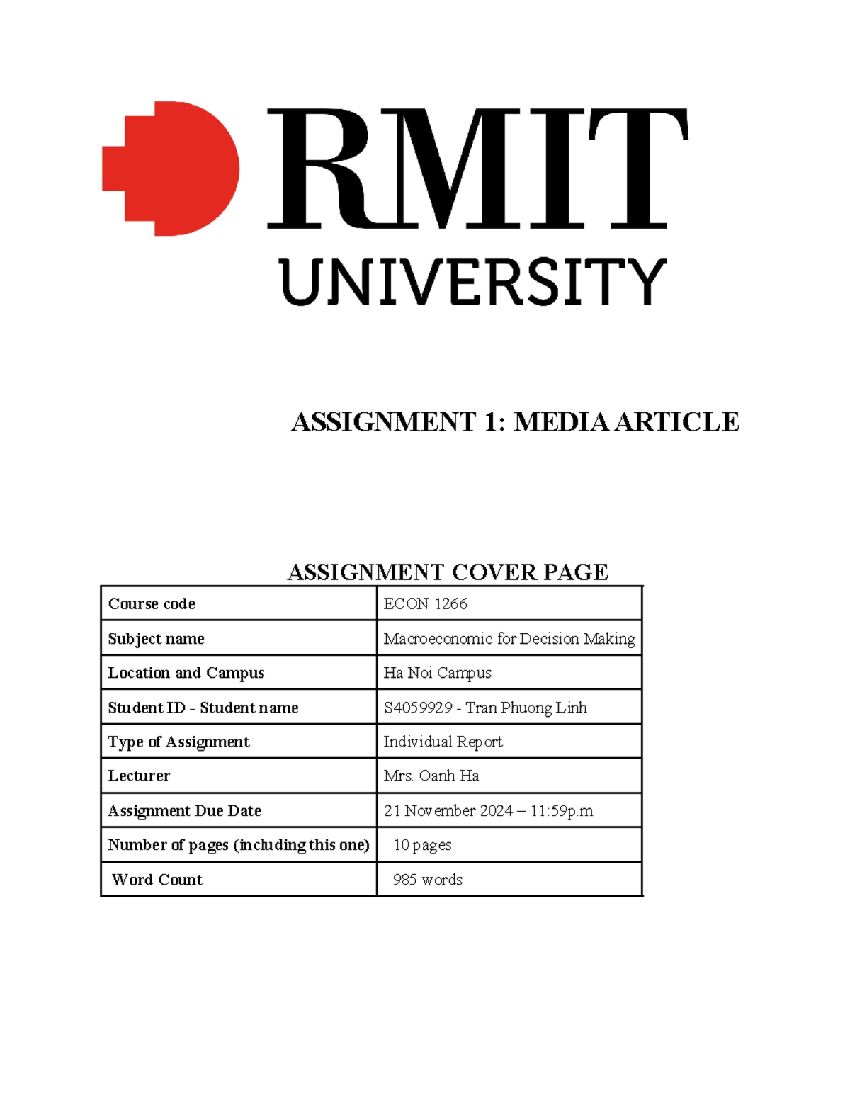 Assignment 1 ECON1266 HNG01 s4059929 - ASSIGNMENT 1: MEDIA ARTICLE ...