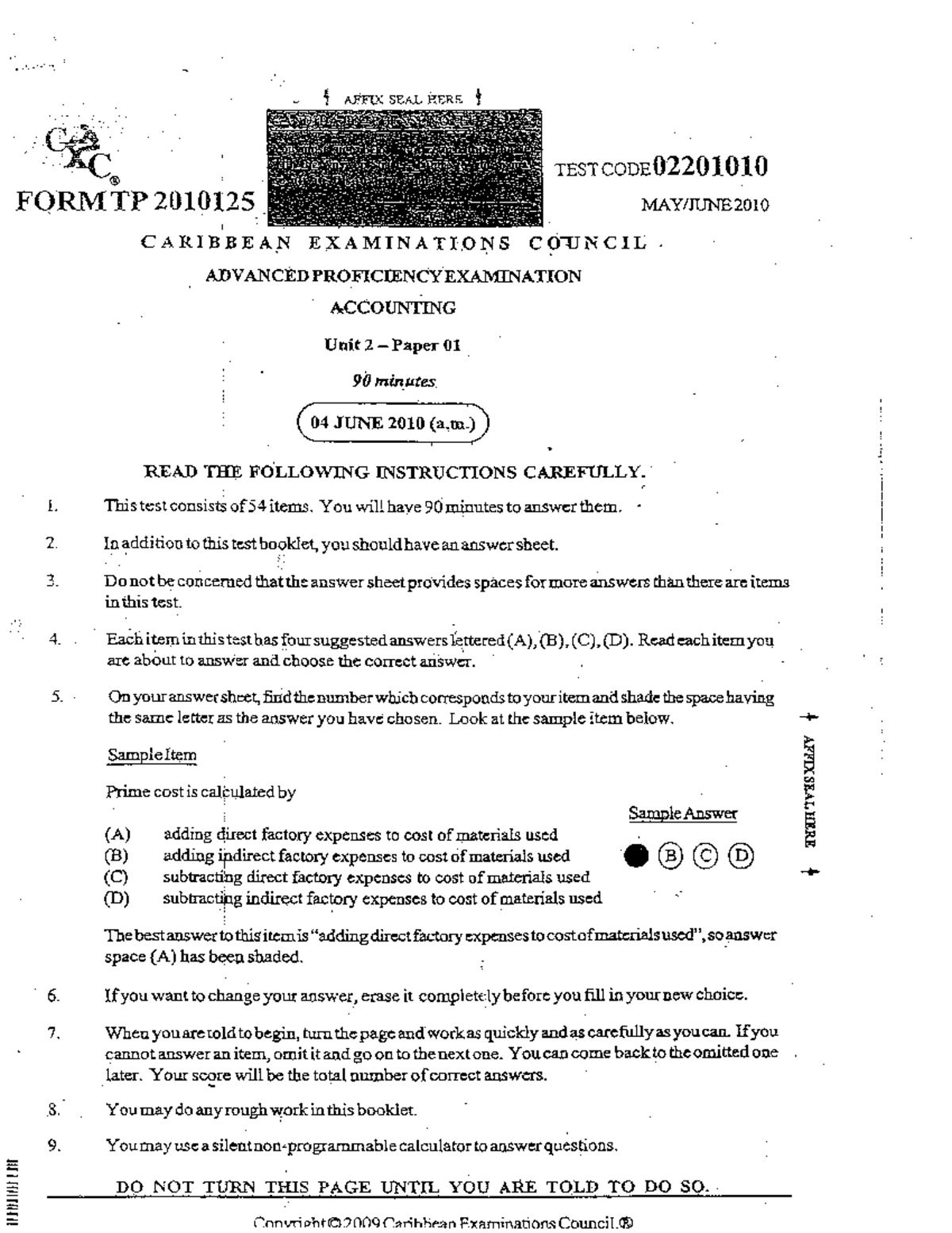Cape Accounting 2010 Unit 2 Paper 01 Exam Instructions And Questions