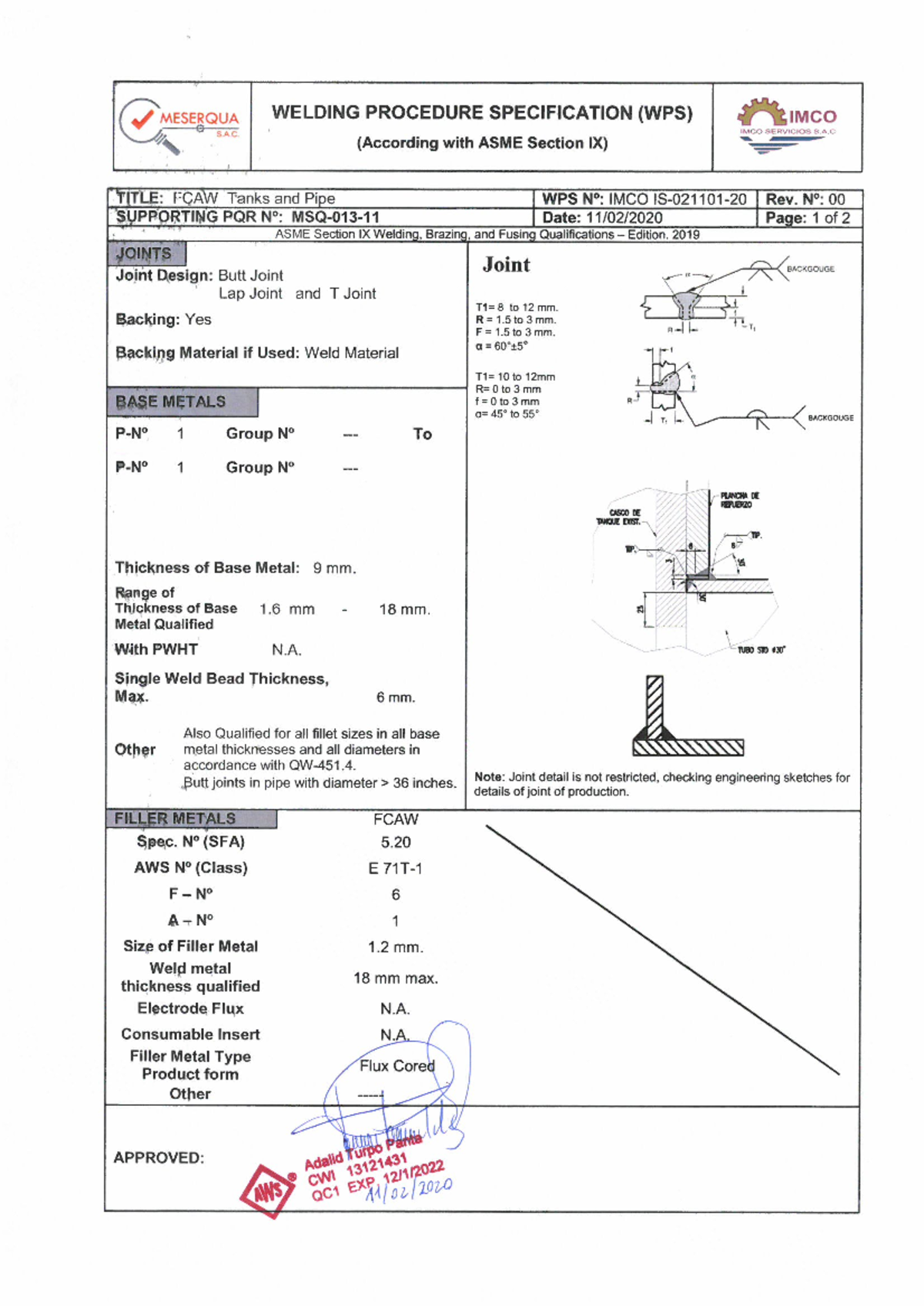 WPS IMCO IS-021101-20: FCAW Tanks & Pipe Welding Procedure - Studocu